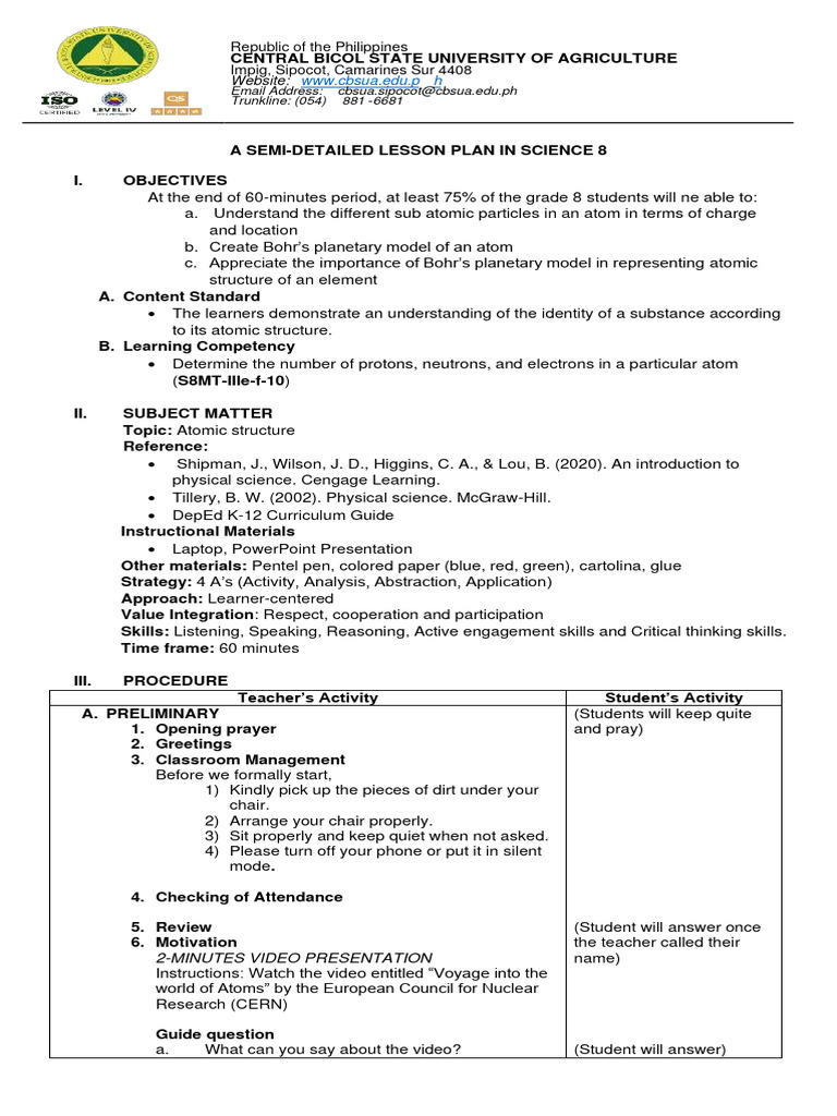 Science 8 Lesson Plan: Atomic Structure | PDF | Atoms | Proton