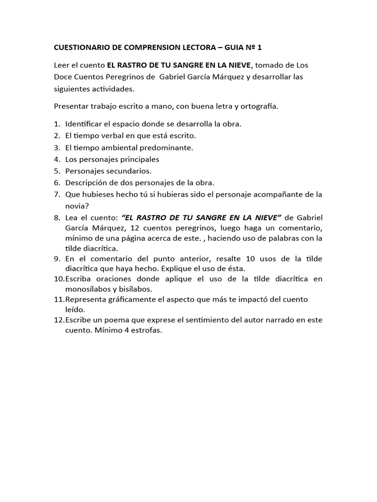 Cuestionario de Comprension Lectora - El Rastro de Tu Sangre | PDF