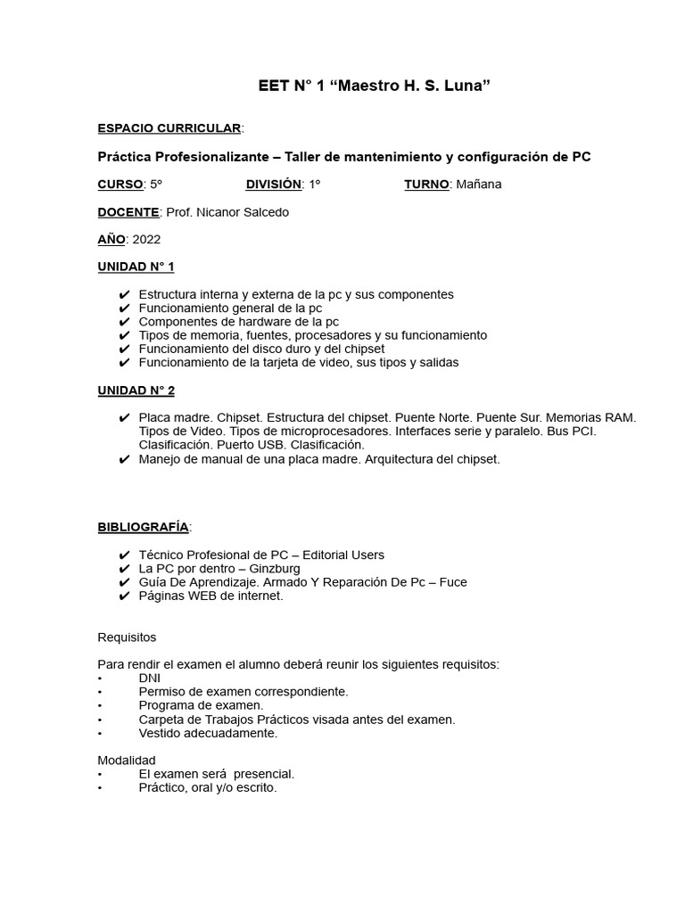 Programa Practica Profesionalizante - Taller de Mantenimiento de PC - 2022 - 5° Año | PDF