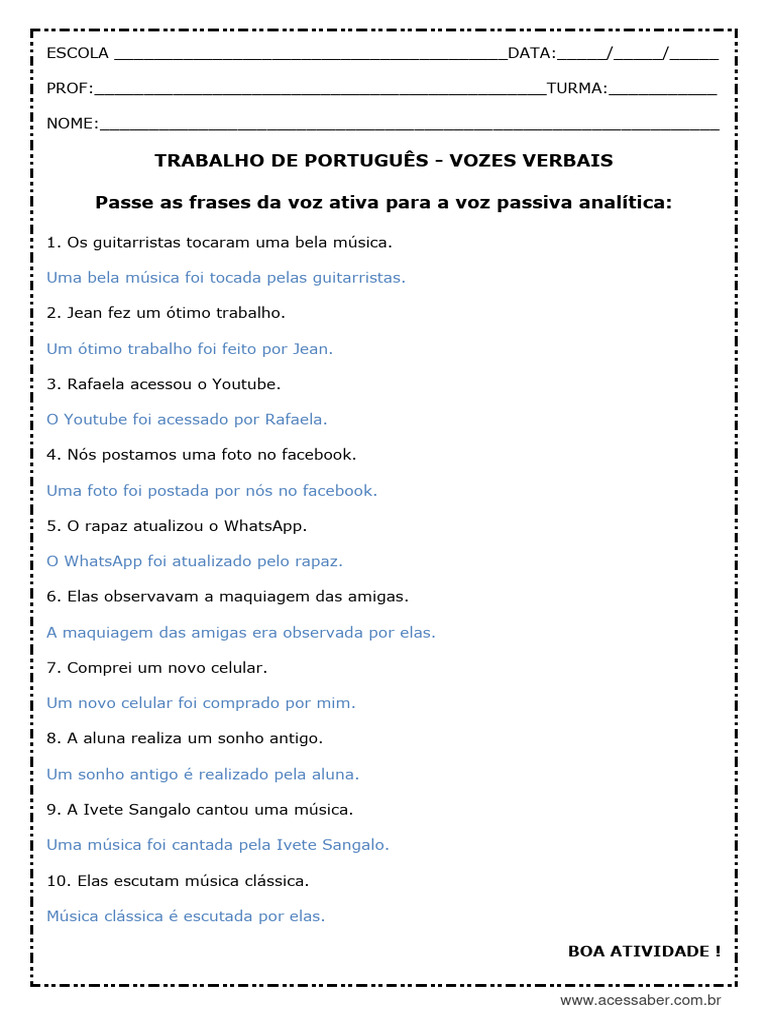 Atividade de Português Vozes Verbais 9º Ano Com Respostas | PDF