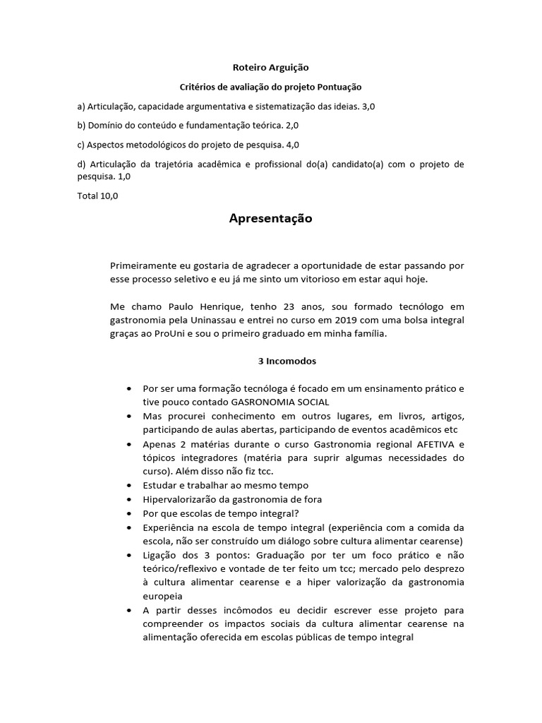 Roteiro Arguição | PDF | Antropologia | Sociologia