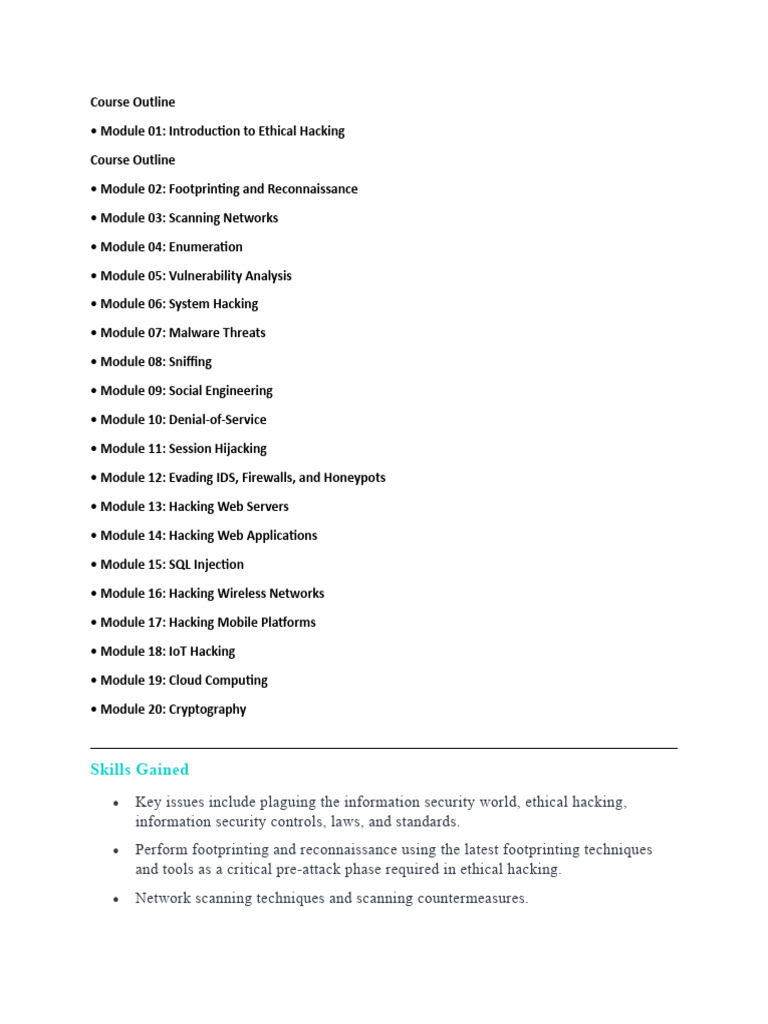 Ethical Hacking and Counter Measures Course Outline | PDF | Security ...
