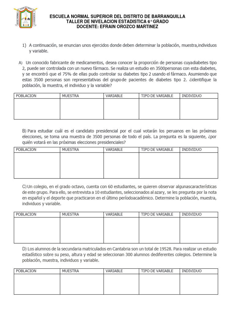 TALLER 6 Nivelacion Estad-Stica 1 Periodo 2024 | PDF | Escuelas | Educación Secundaria