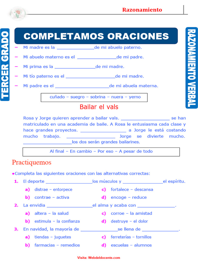 Completamos Oraciones para Tercer Grado de Primaria | PDF
