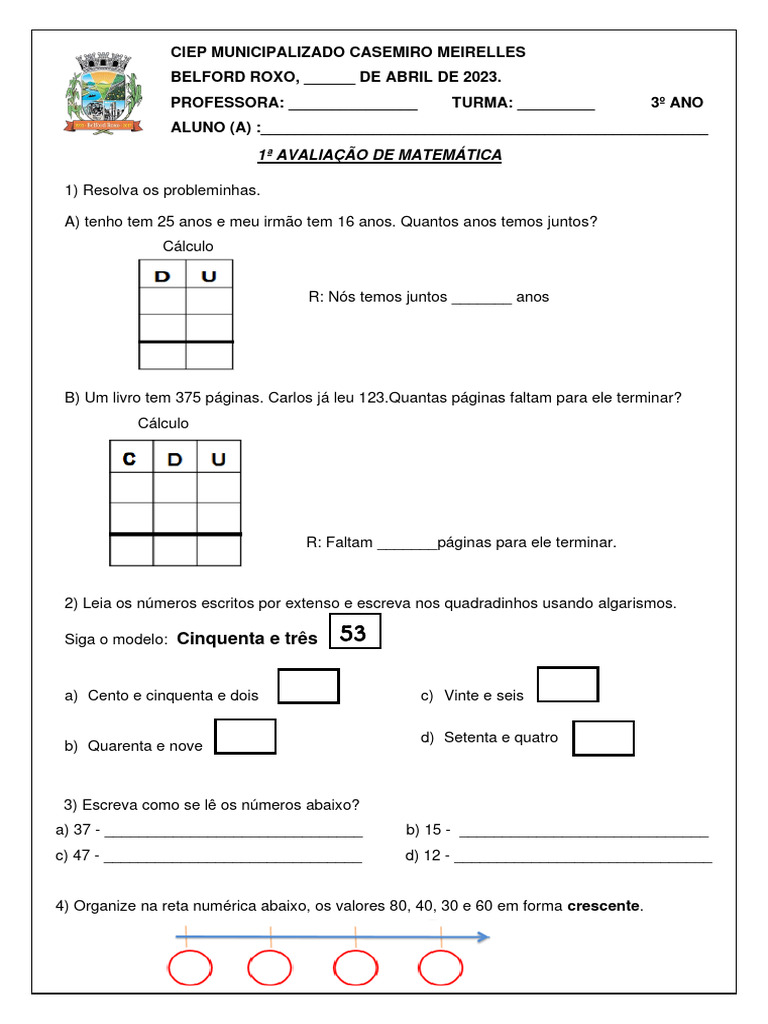 Prova de Matemática 1º Bimestre | PDF