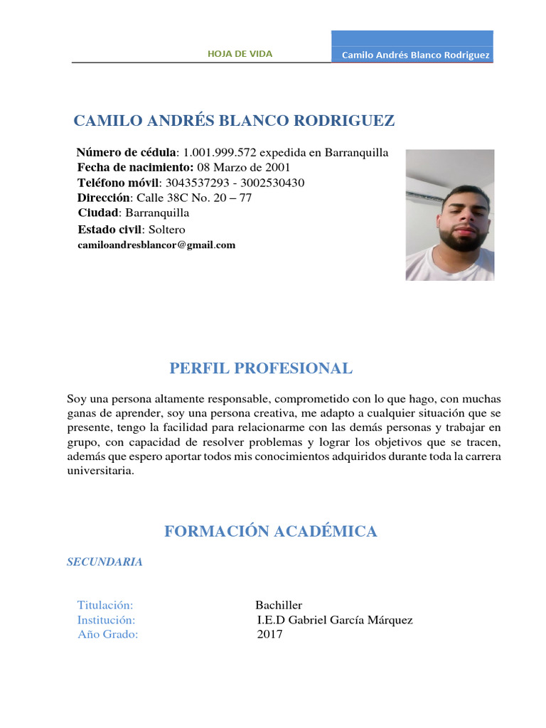 Hoja de Vida Camilo Blanco | PDF