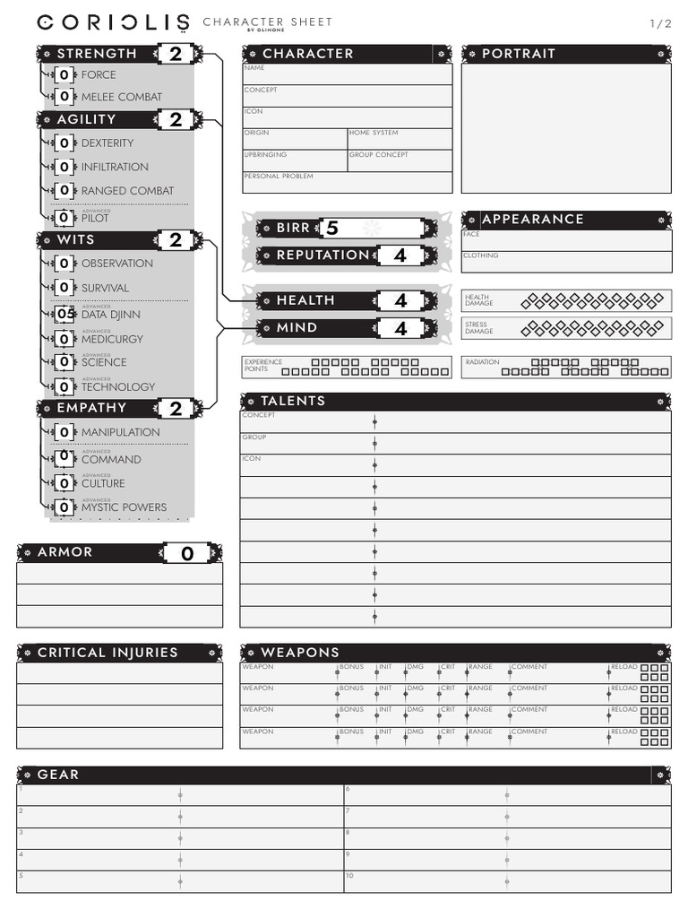 Coriolis CharacterSheet Portrait OlinoneV2 Fillable | PDF | Role ...