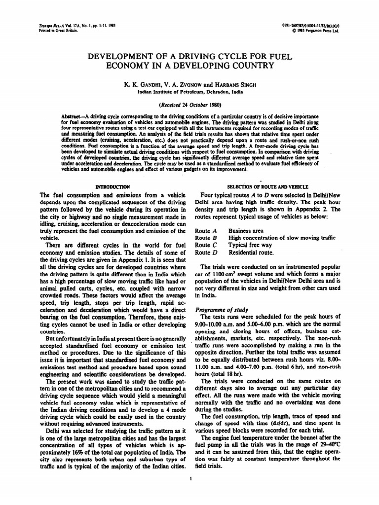 Development of A Driving Cycle For Fuel Economy in A Developing Country ...