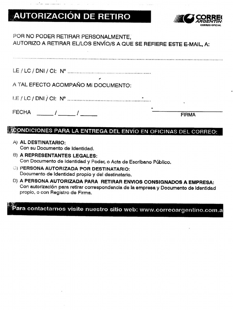 Correo Argentino-Autorizacion de Retiro | PDF