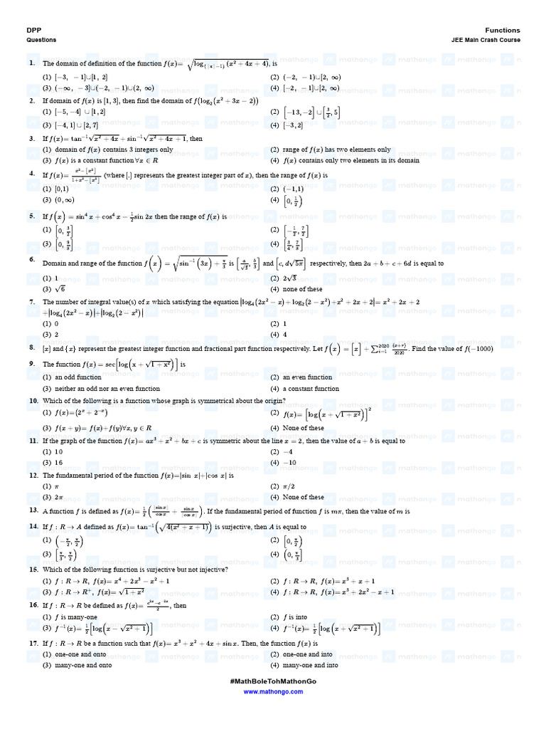 Question DPP Functions JEE Main Crash Course MathonGo | PDF | Function (Mathematics) | Functions ...