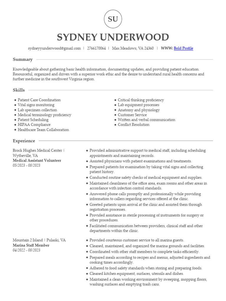 Sydney Underwood Resume | Download Free PDF | Patient | Health Care