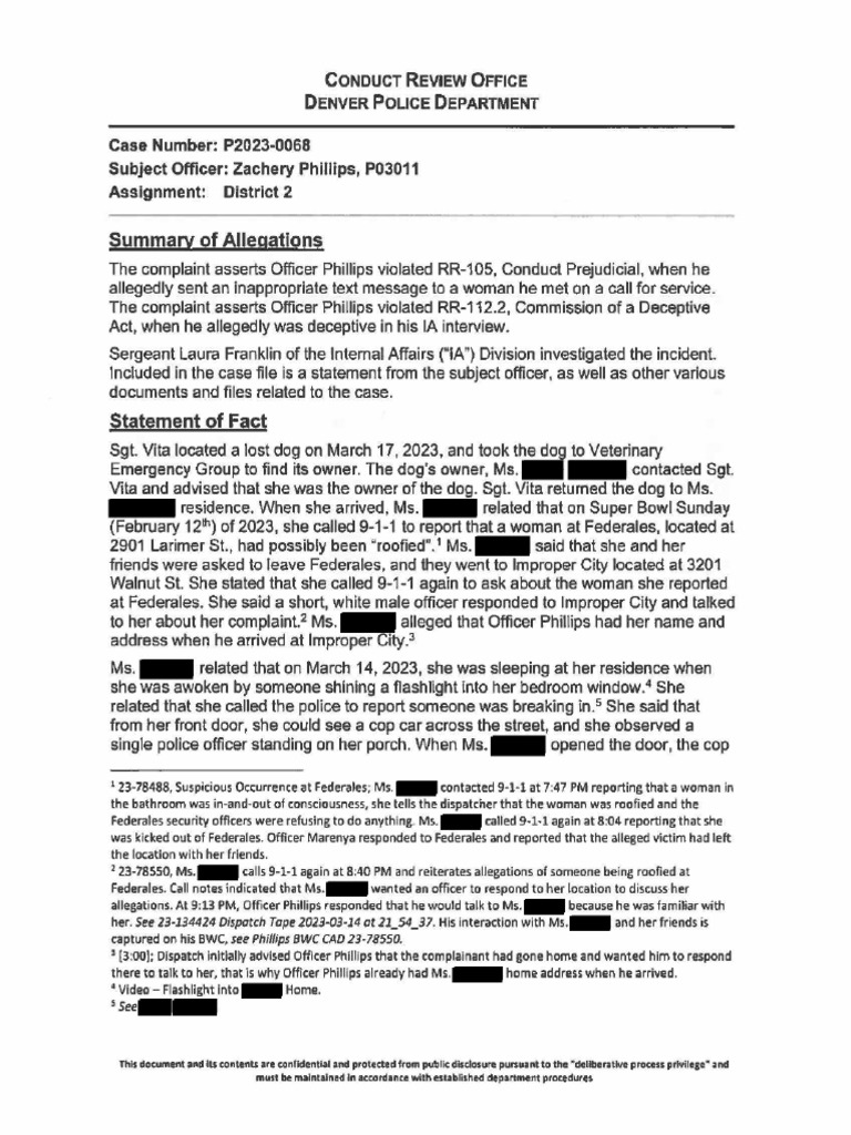 Denver Police Officer Zachery Phillips Conduct Review, January 2024 | PDF