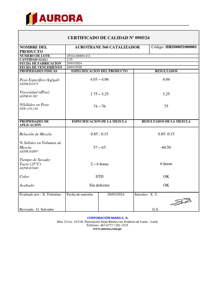 Certificado de Calidad AUROTHANE 560 | PDF