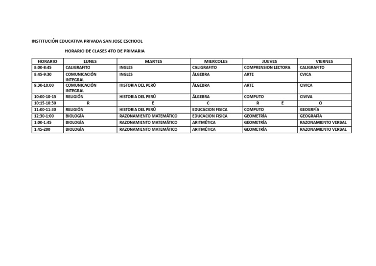 Horario de Clases de 4to de Primaria | PDF