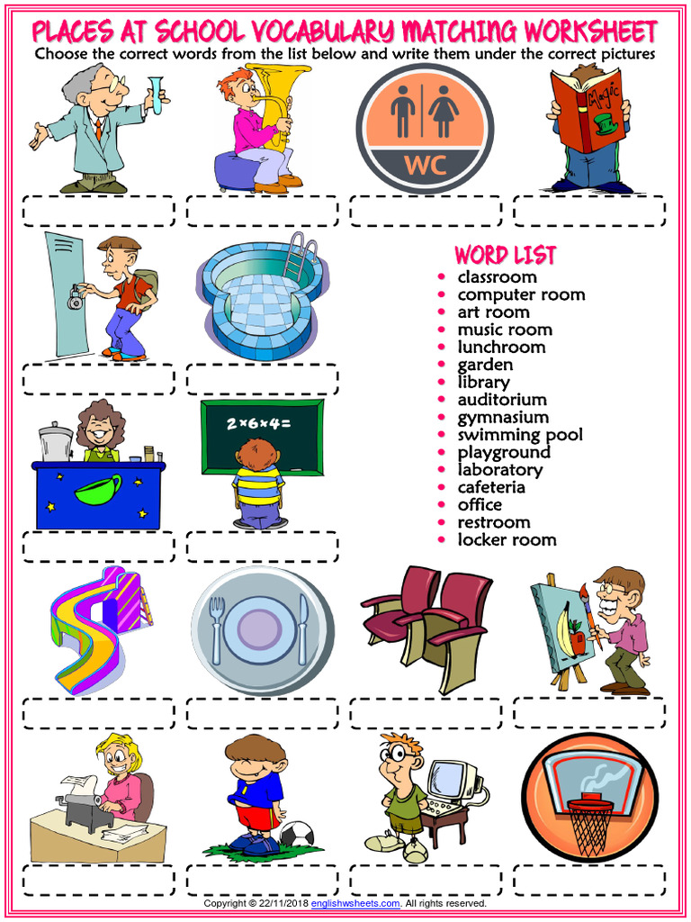 Places at School Vocabulary Esl Matching | PDF | Cafeteria | Restaurants