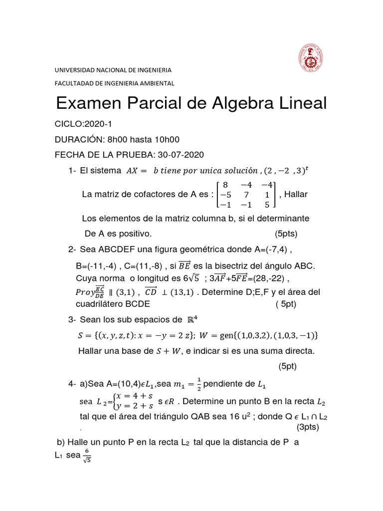 Solucionario de Ex -Parcial Algebra Lineal | PDF | Determinante | Geometría euclidiana
