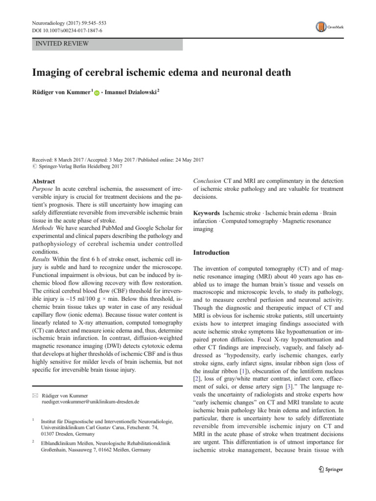 Imaging of Cerebral Ischemic Edema and Neuronal Death | PDF | Stroke ...