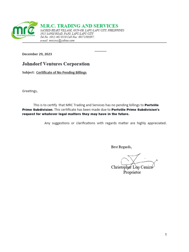 Certificate of No Pending Billings | PDF