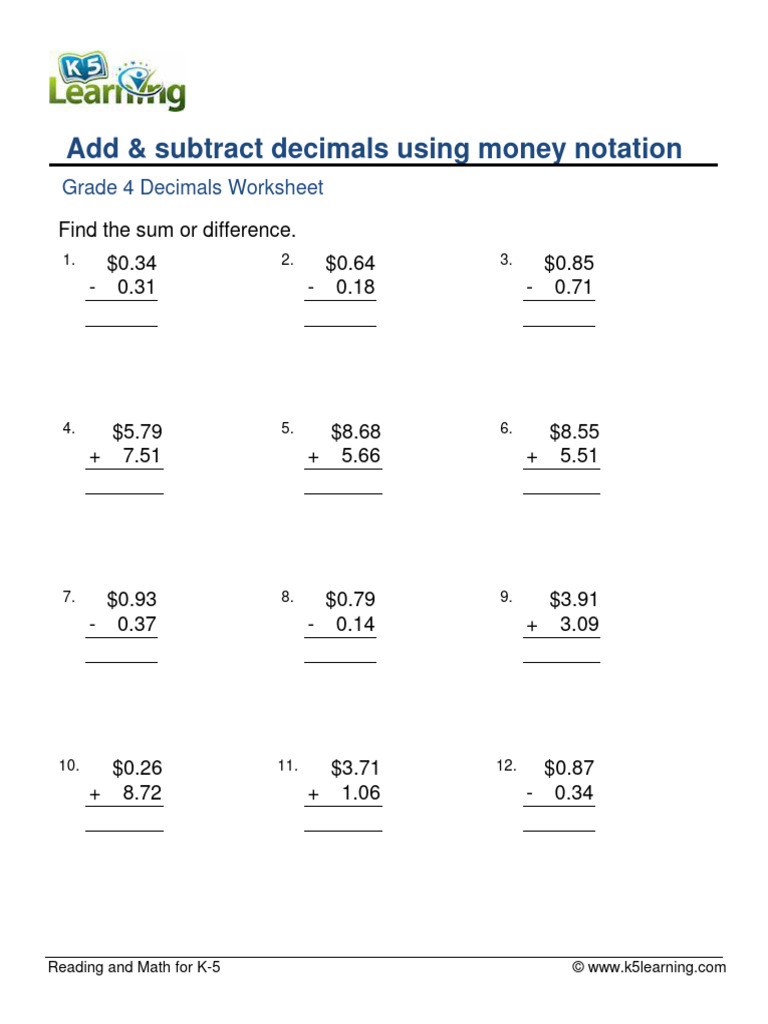 Grade 4 Decimals Money Notation A | PDF