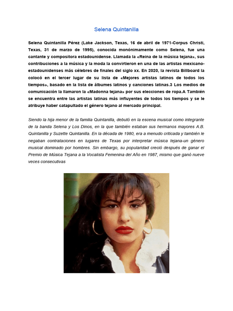 Biografía de Selena Quintanilla | PDF | Ciencias sociales