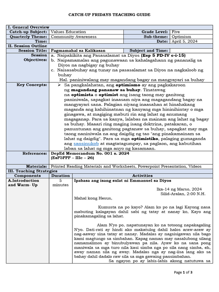 Grade 5 Values Educ Teaching Guide April 5 w1 | PDF