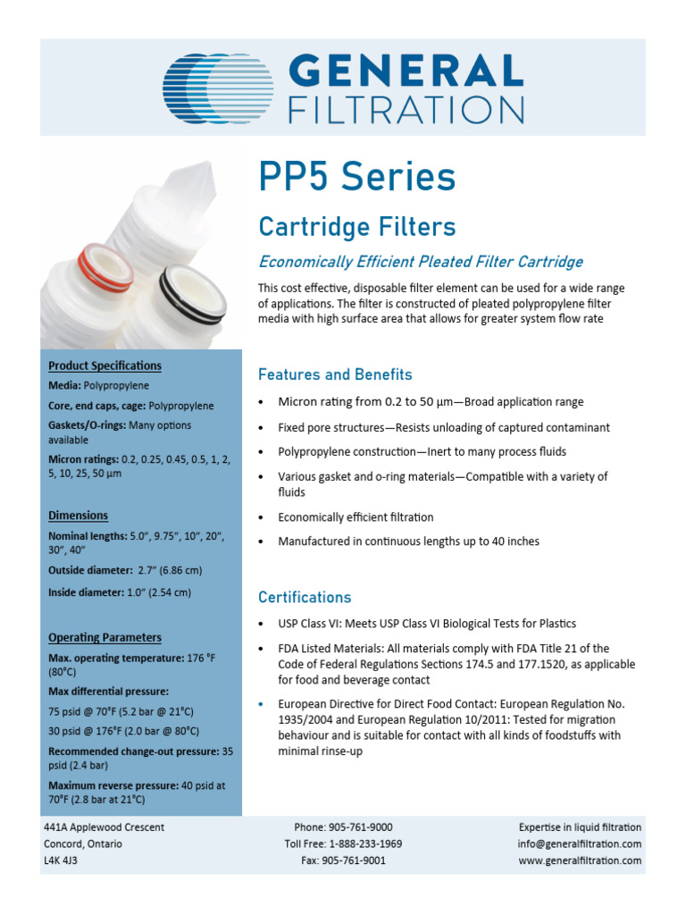 Data Sheet PP5 Filter Cartridges | PDF | Filtration | Materials