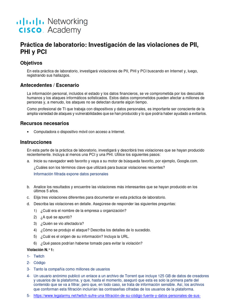 14.3.1.5 Lab - Investigate Breaches of PII PHI PCI | PDF | Facebook ...
