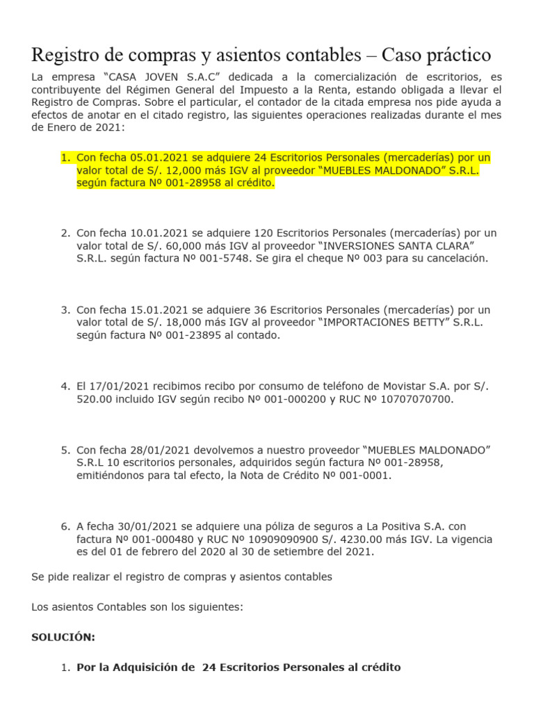 Registro de Compras y Asientos Contables Ejemplos | PDF | Seguro | Dinero