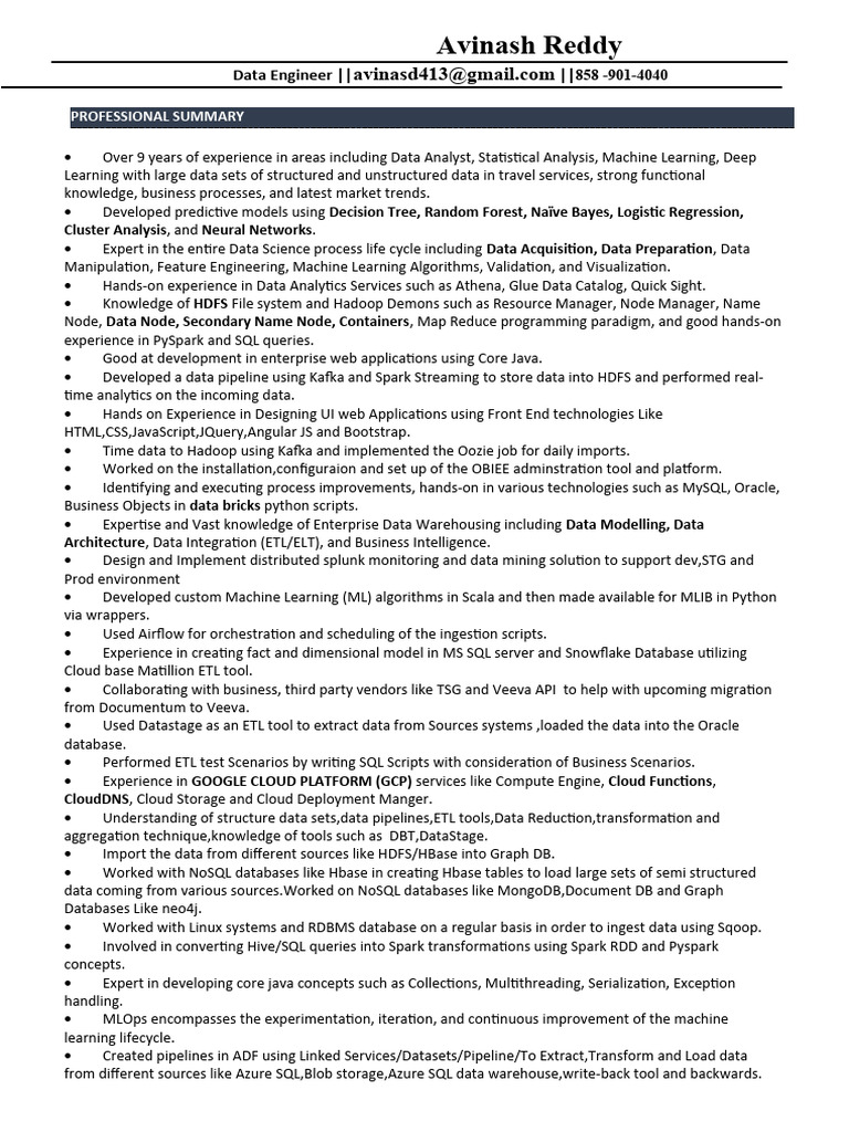 Avinash - Data Engineer (AutoRecovered) | Download Free PDF | Apache Spark | Apache Hadoop