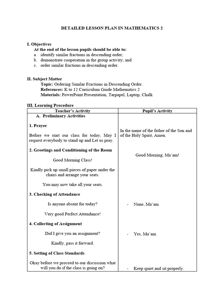 Ordering Fractions Lesson Plan | PDF | Behavior Modification | Learning