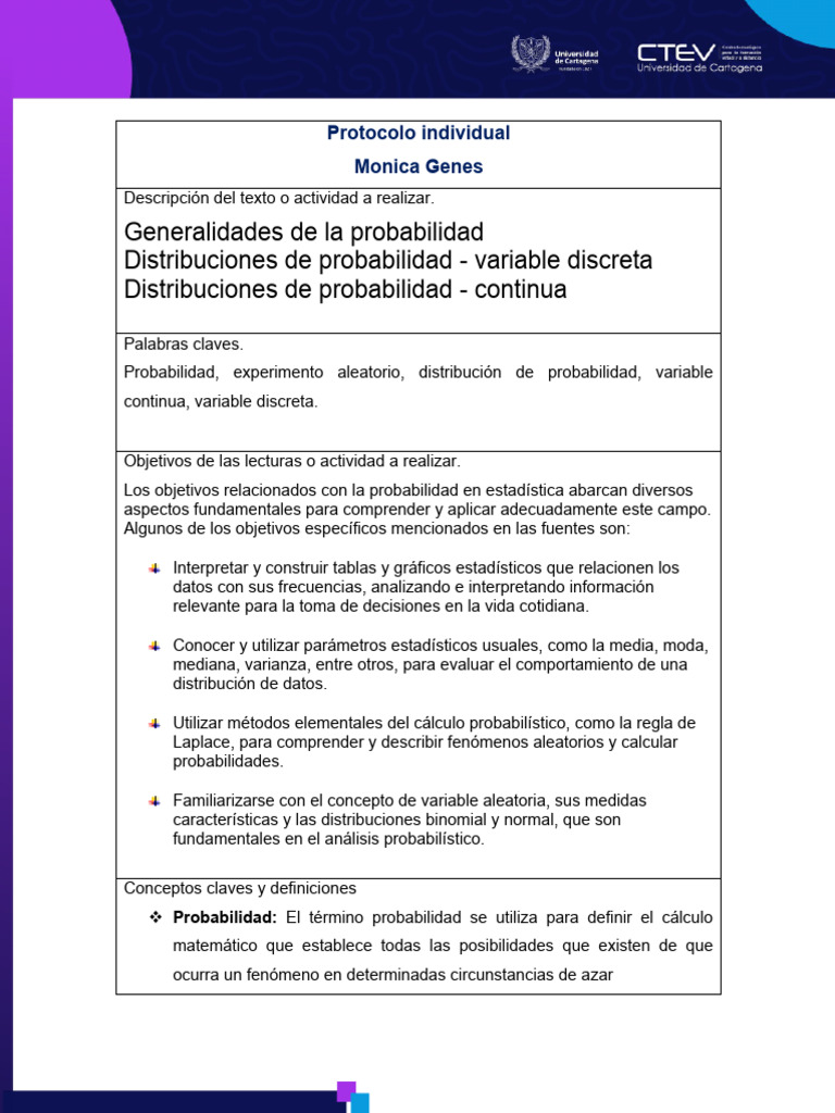 Plantilla Protocolo Individual Estadistica U1 | PDF | Teoría de probabilidad | Distribución ...