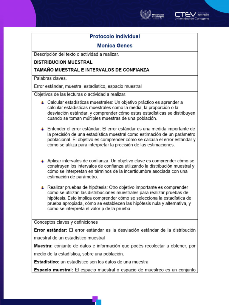 Plantilla Protocolo Individual Estadistica U2 | PDF | Intervalo de confianza | Muestreo ...