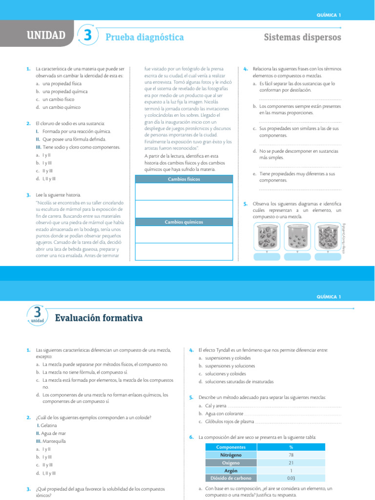 Evaluaciones Quimica 1bgu U3 Pdf Mezcla Concentración
