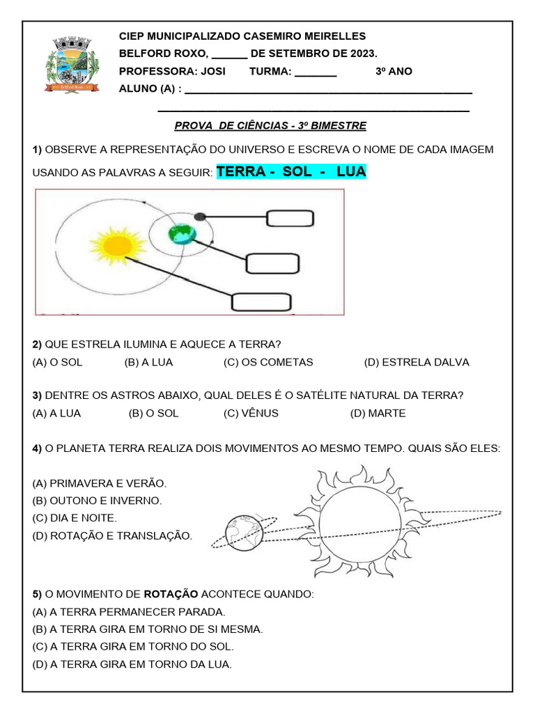 Prova Adaptada de Ciências 3º Bimestre | PDF | Terra | Planetas