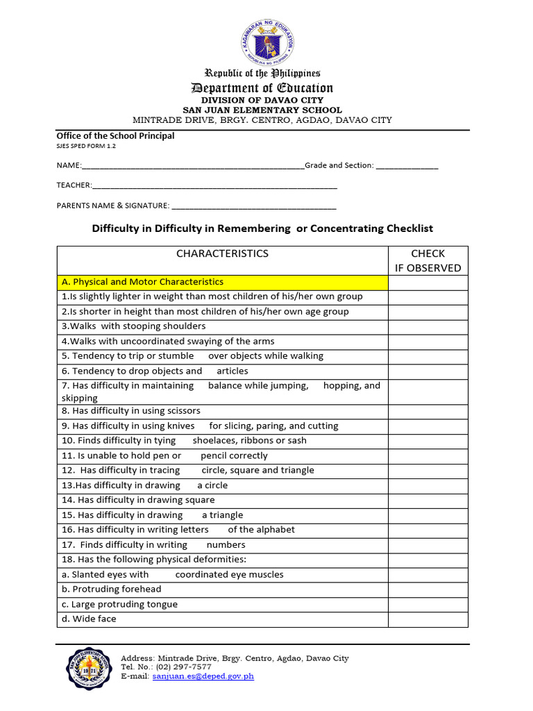 Difficulty in Remembering Checklist | PDF | Cognition | Cognitive Science