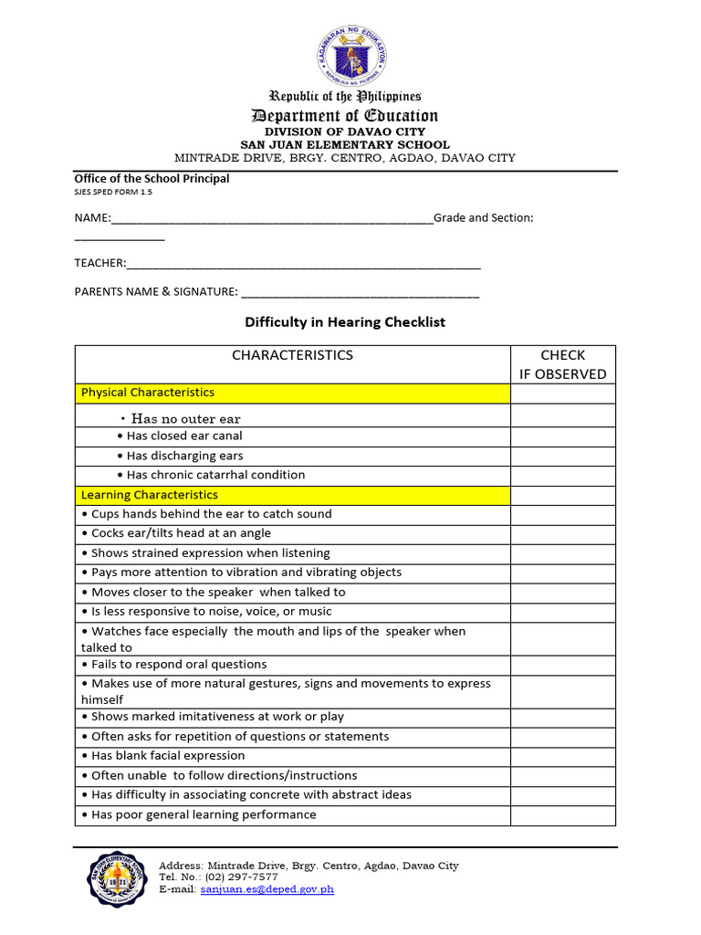 5 Difficulty in Hearing Checklist | PDF | Speech | Ear