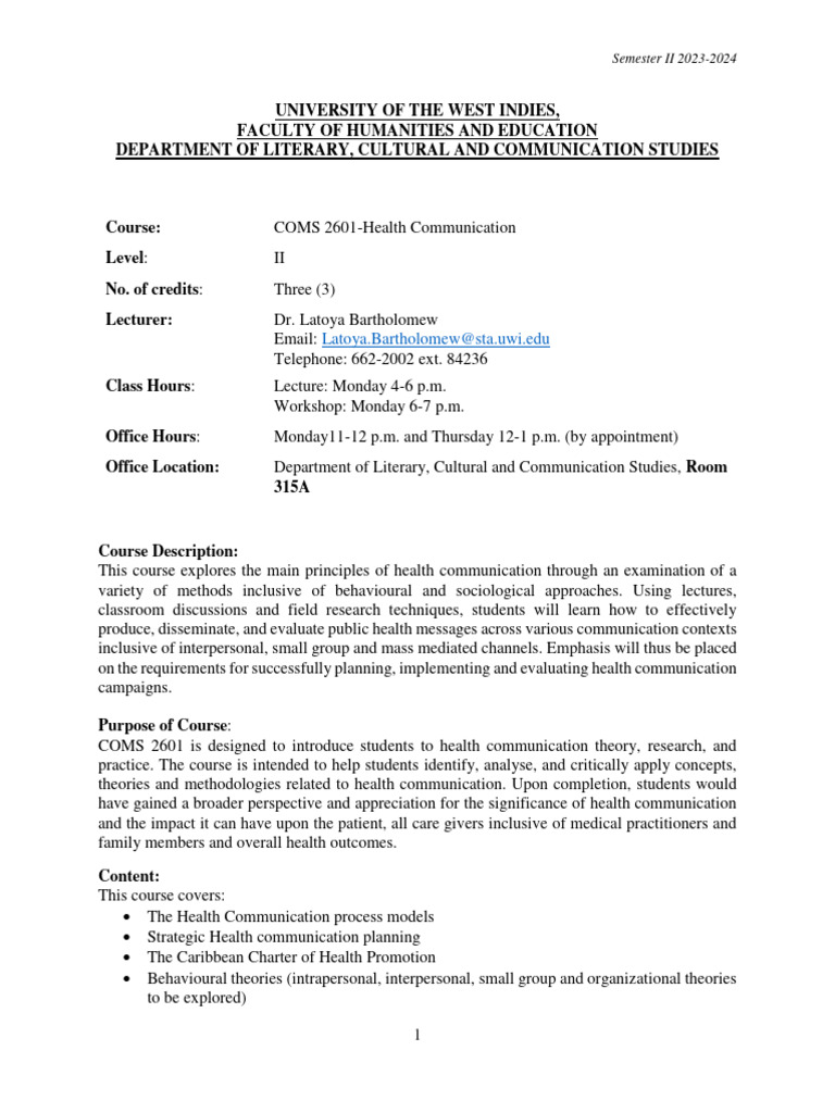 COMS 2601 Course Outline Sem II 2023-24 | PDF | Communication | Lecture