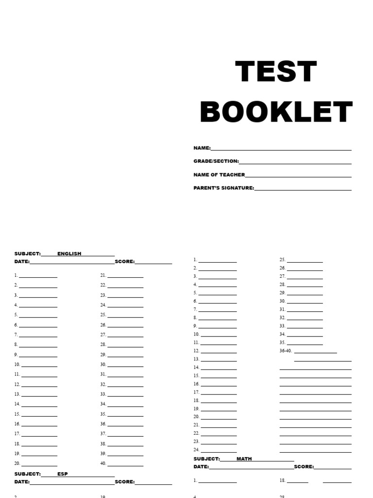 Test Booklet for English, ESP, Math, Filipino | PDF