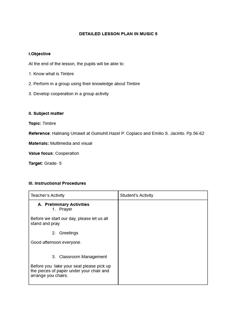 Detailed Lesson Plan in Music 5 | PDF | Musicology | Elements Of Music
