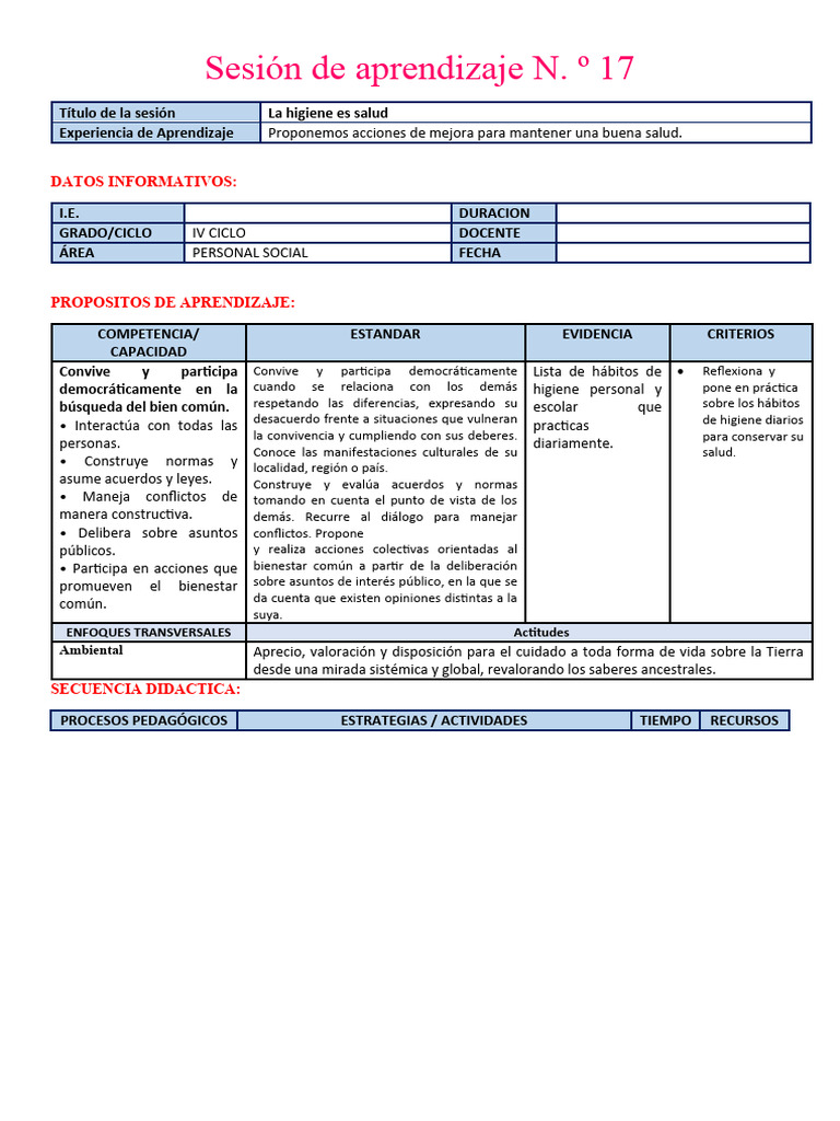 IV Sesión de Aprendizaje P-S 17 | PDF | Aprendizaje | Evaluación IV Sesión de Aprendizaje P-S 17 | PDF | Aprendizaje | Evaluación