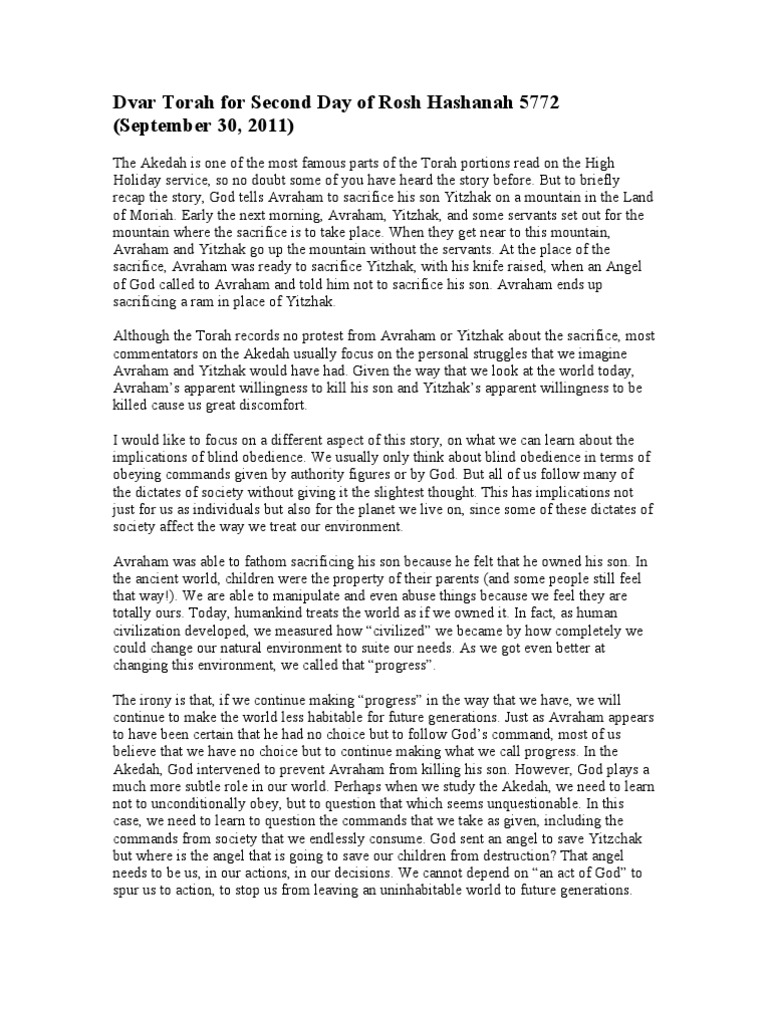 Dvar Torah for Second Day of Rosh Hashanah 5772 (Sep 30 2011) V4 ...