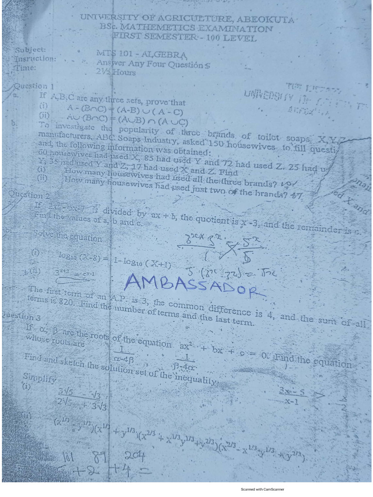 MTS 101 Past Questions-1 | PDF