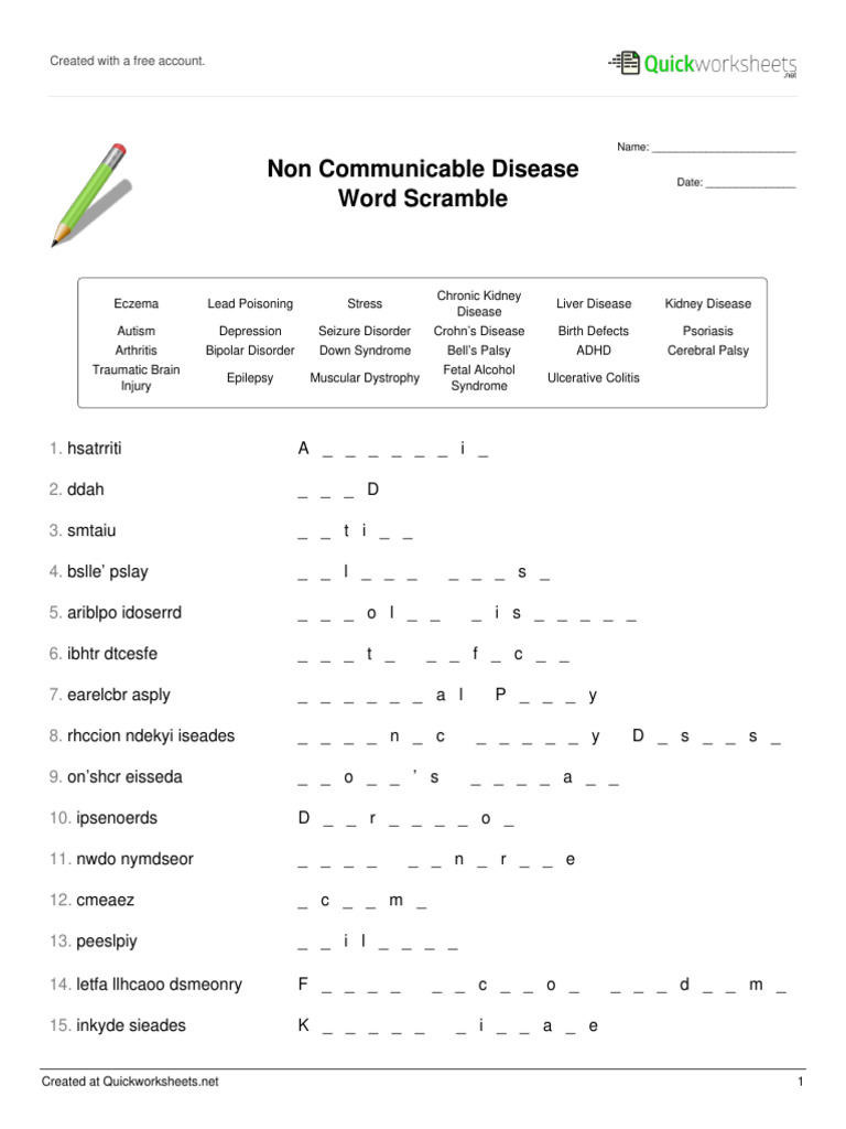 Non Communicable Disease Word Scramble | PDF | Epilepsy | Epidemiology
