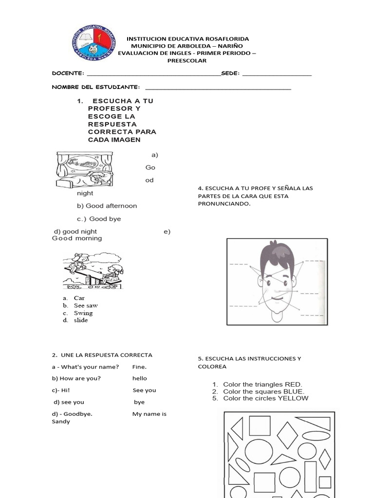 eVALUACION Ingles PRIMER PERIODO Preescolar 2024 | PDF