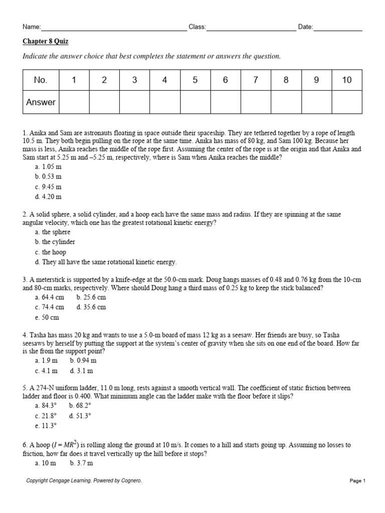 Chapter 8 Quiz | PDF | Friction | Mass