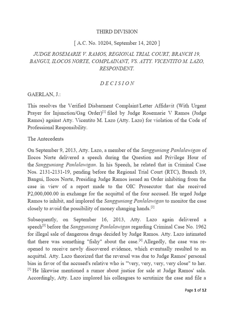 A.C. No. 10204, September 14, 2020 - Judge Ramos v. Atty. Lazo | PDF ...