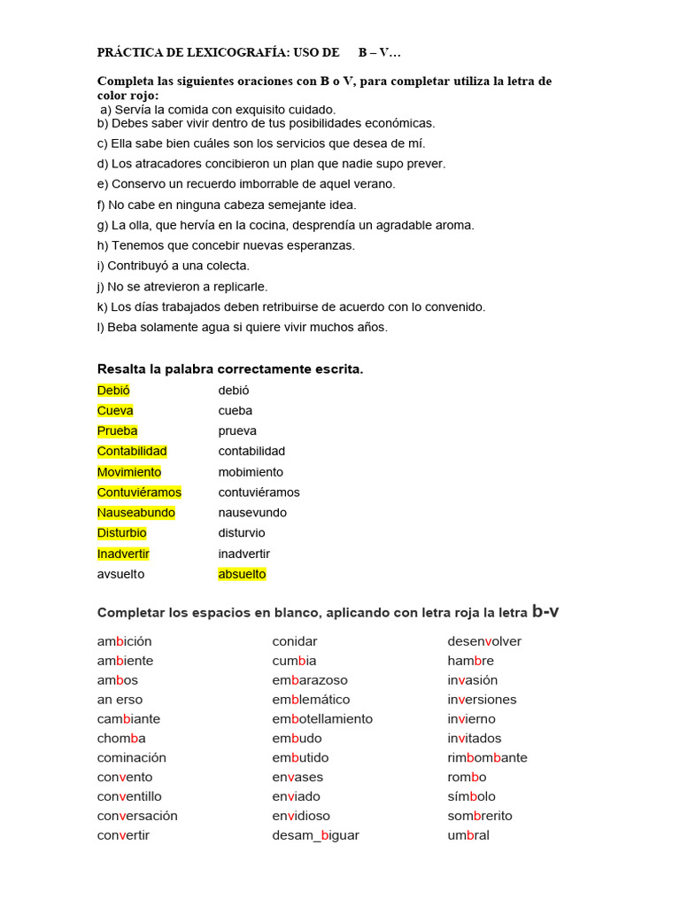 Practica B, V, C S Z, G, J, H - Oraciones Compuestas, Concurrencias y ...