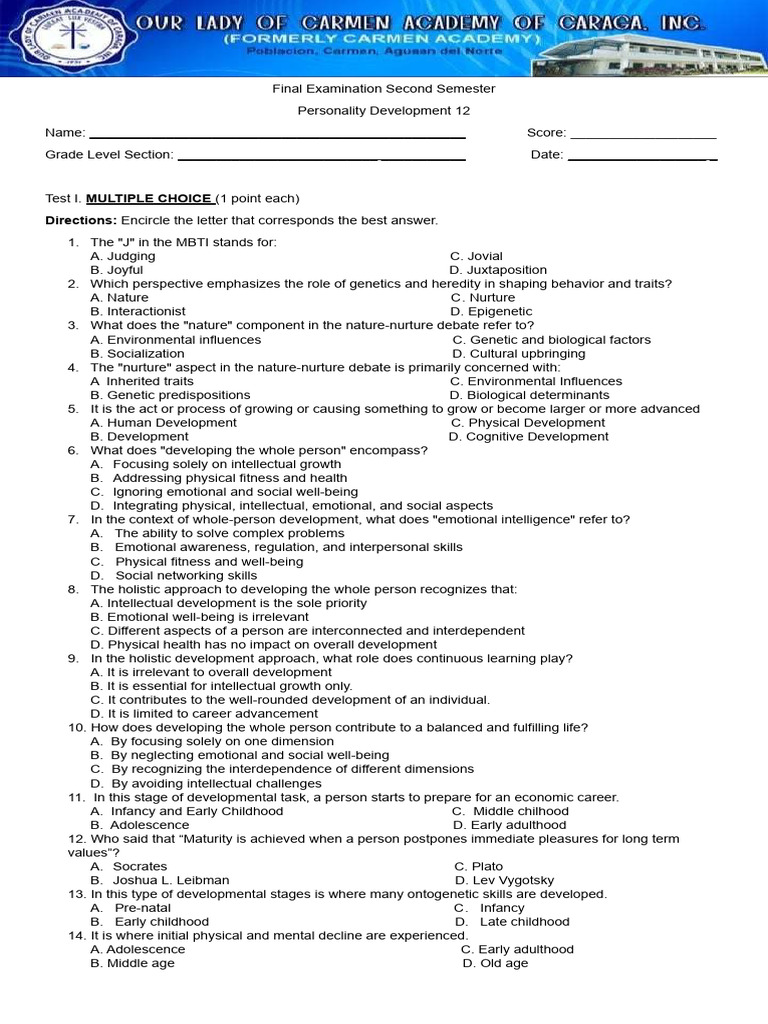 Grade-12-Final-Exam-PERSONALITY-DEVELOPMENT Final | PDF | Nature Versus ...