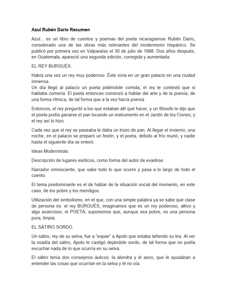 Resumen de "Azul" de Rubén Darío | PDF | Historia | Clásicos