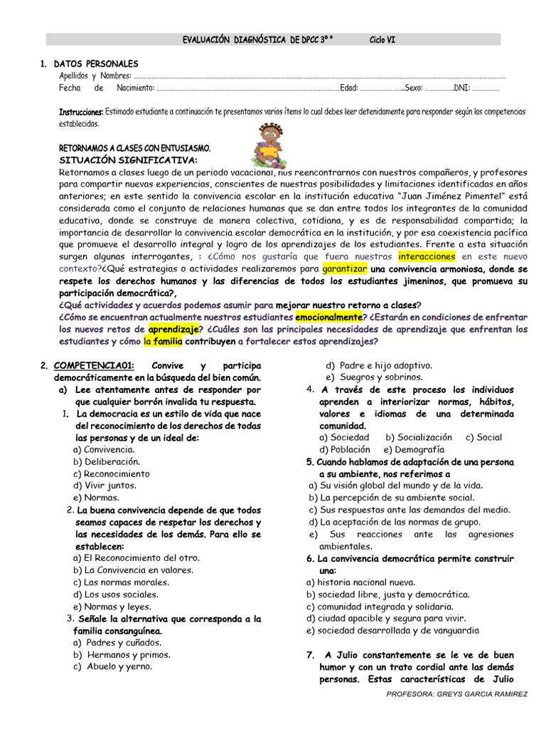 Evaluación Diagnóstica De Dpcc 3° 4° Pdf Democracia Ideologías 5353